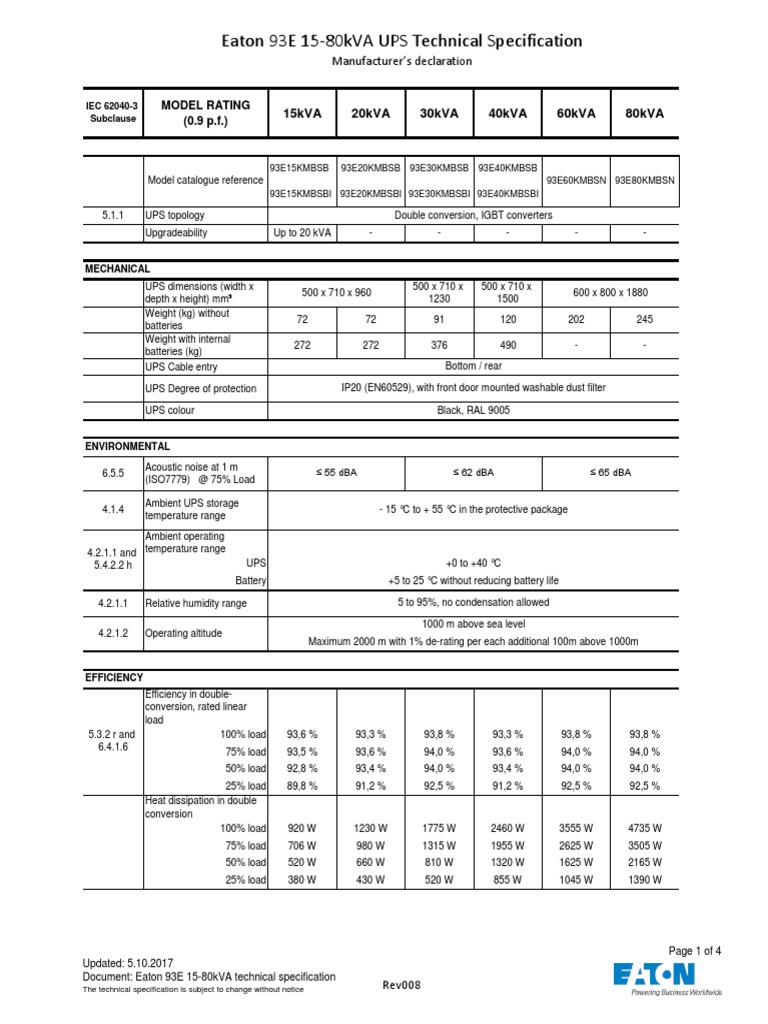 Eaton 93E UPS 15-80kVA Specs | PDF | Rectifier | Alternating Current
