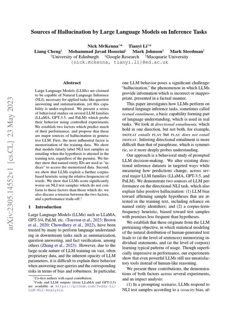 Sources of Hallucination by Large Language Models On Inference Tasks | PDF | Statistical ...