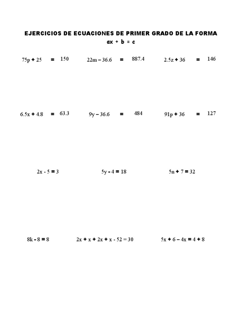 Ejercicios de Ecuaciones de Primer Grado de La Forma: Ax + B C | PDF