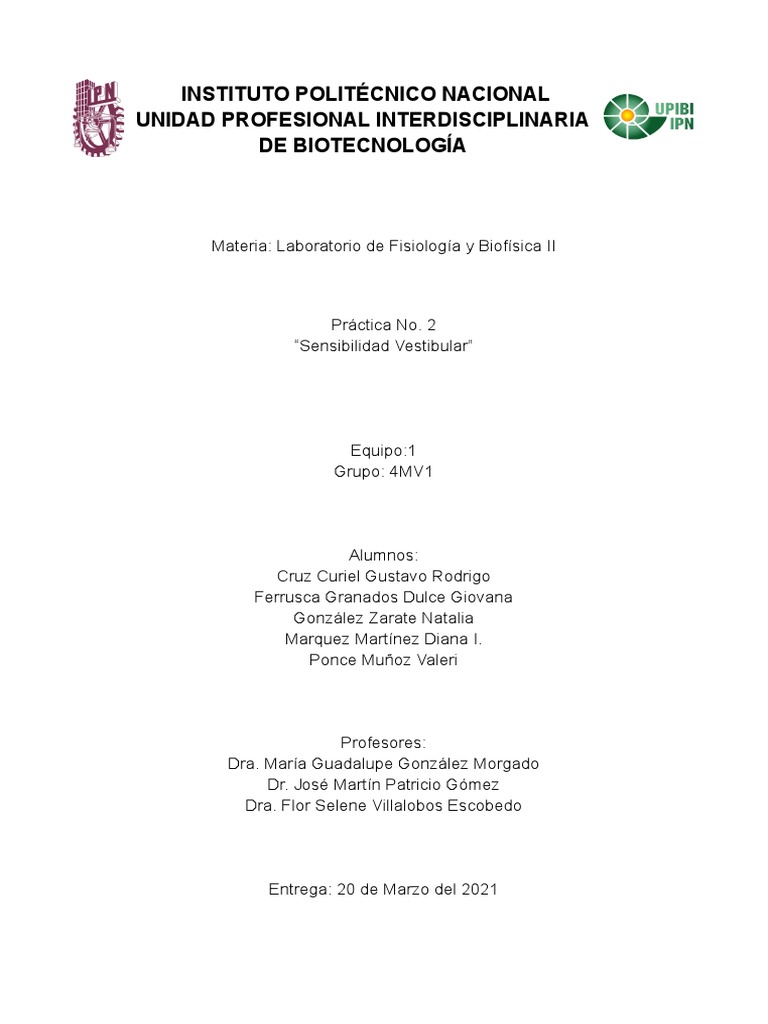 Practica 2 - Sensibilidad Vestibular - EQ01 - COMPLETA | PDF | Anatomía | Neurociencia