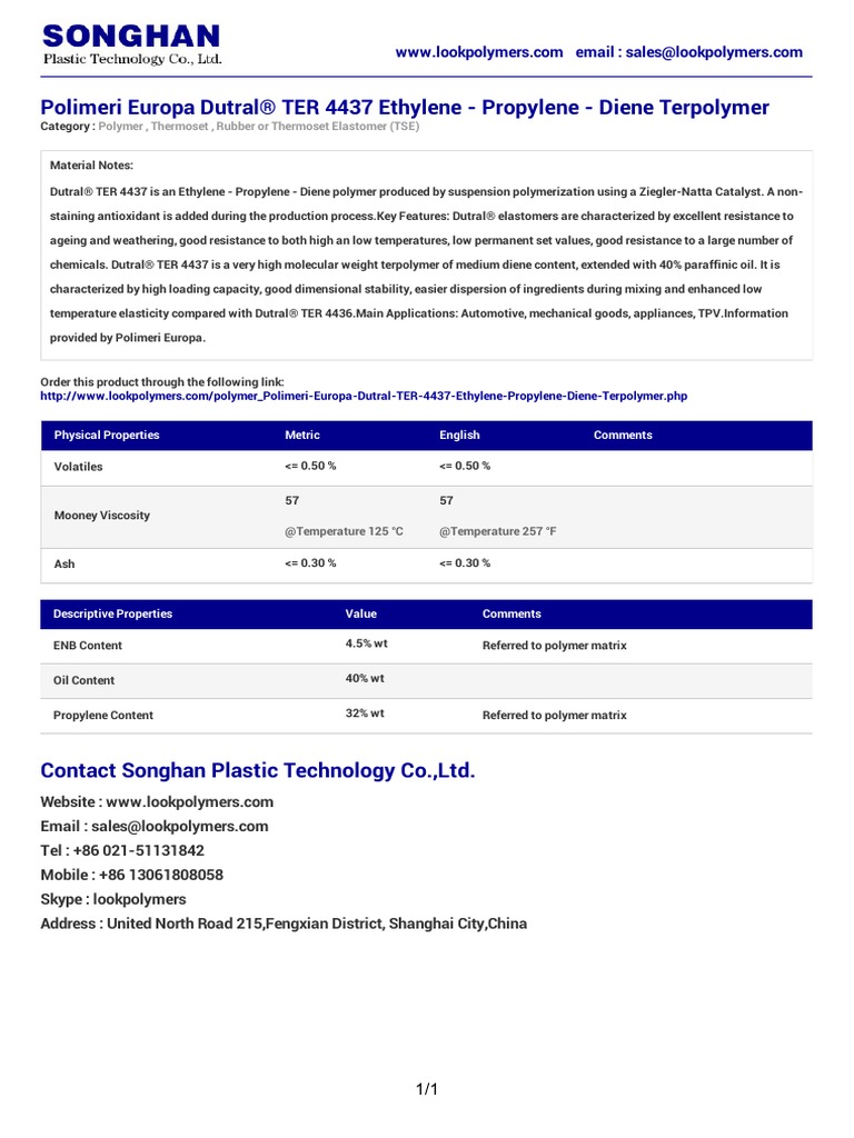 Polimeri Europa Dutral TER 4437 Ethylene Propylene Diene Terpolymer | PDF