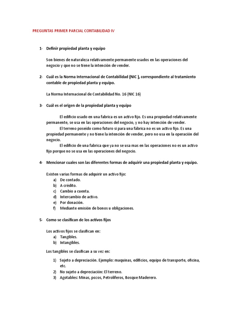 Preguntas Primer Parcial Contabilidad Iv | PDF | Activo fijo | Depreciación