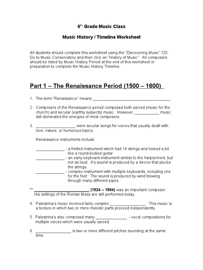 Music History Worksheet | PDF | Classical Period (Music) | Composers