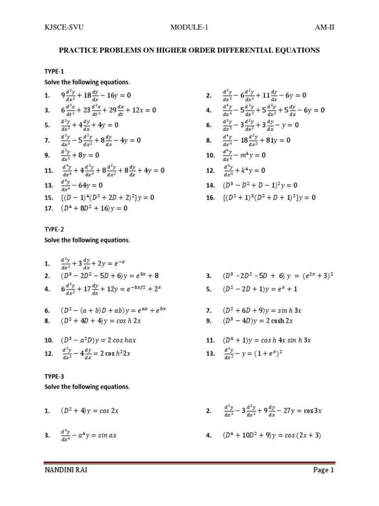 Practice Problems On Higher Order Differential Equations | PDF | Equations | Mathematical Objects