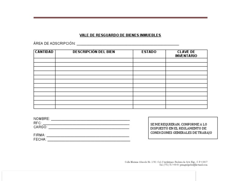 Formato de Vale de Resguardo Inmuebles | PDF