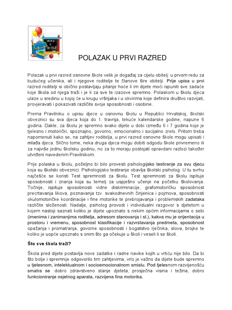Polazak u Prvi Razred Osnovne Škole | PDF