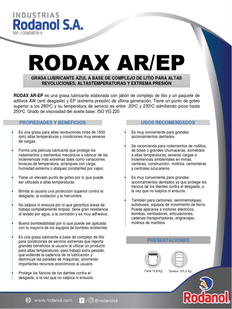 Hoja Técnica de Rodax Ar Ep | PDF | Lubricante | Sustancias químicas
