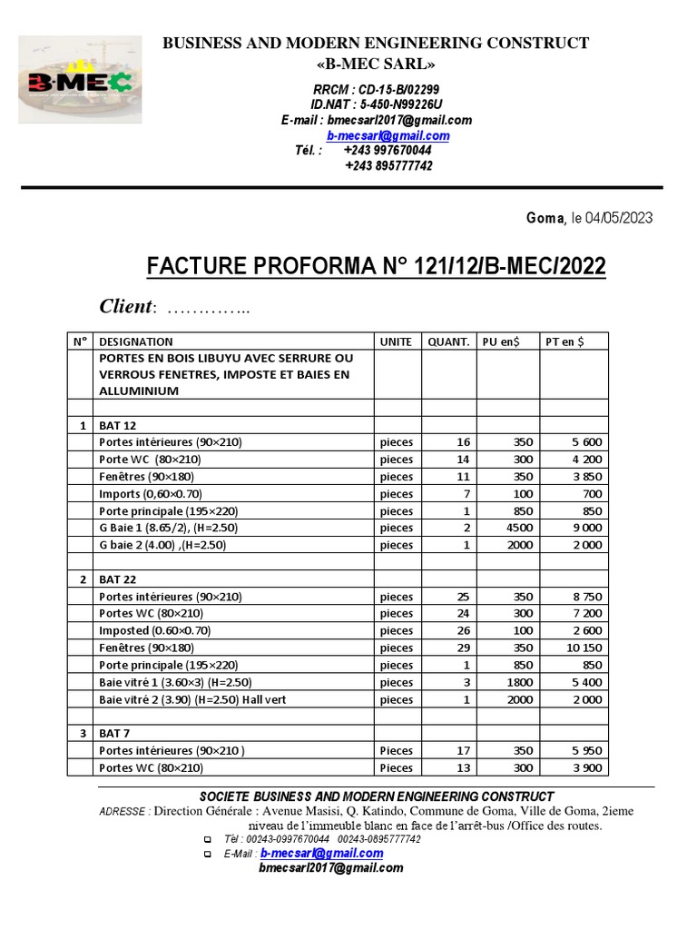 Facture Proforma B-MEC SARL 2023 | PDF