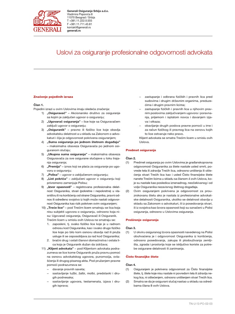 Uslovi Za Osiguranje Profesionalne Odgovornosti Advokata 2019 2020 | PDF