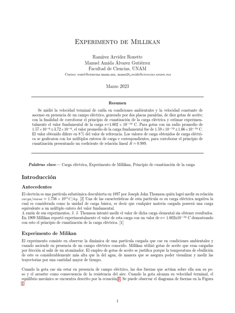 Experimento de Millikan | PDF | Carga eléctrica | Arrastrar (Física)