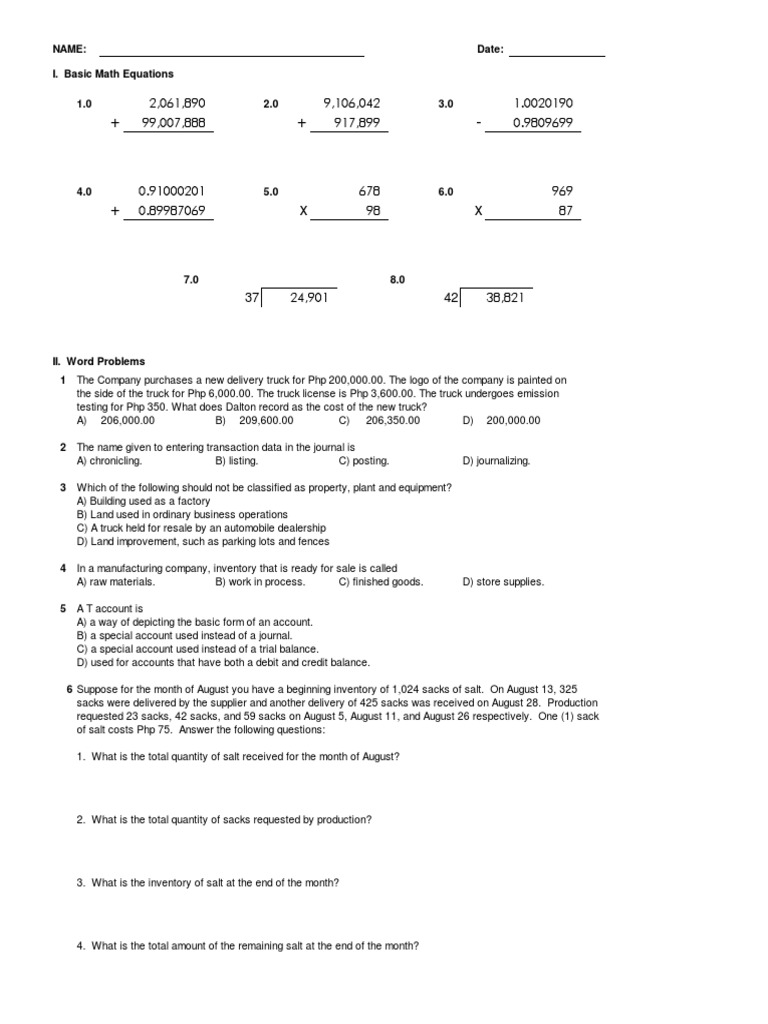 Accounting - Math Exam | PDF | Inventory | Debits And Credits
