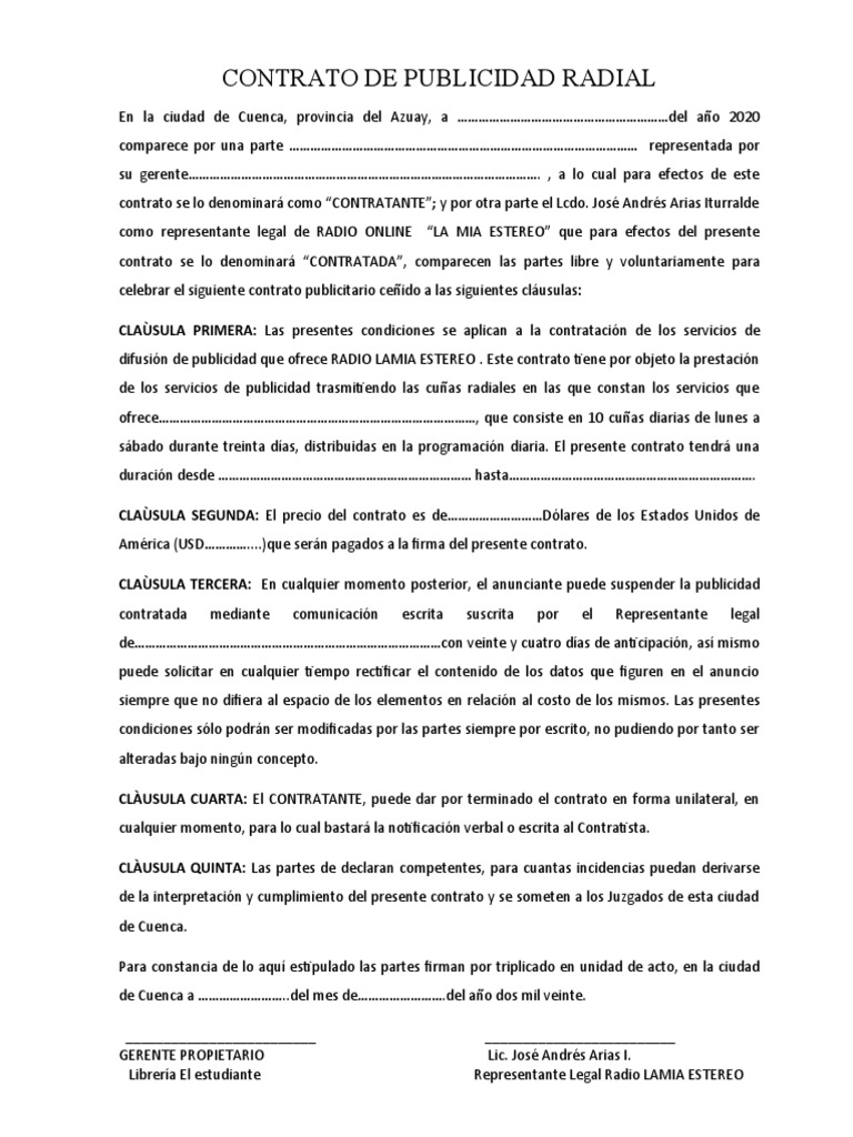 Contrato de Publicidad Radial | PDF | Radiodifusión | Publicidad