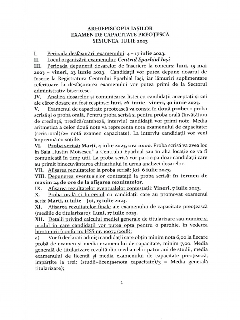 Examen Capacitate Preoteasca 2023 | PDF