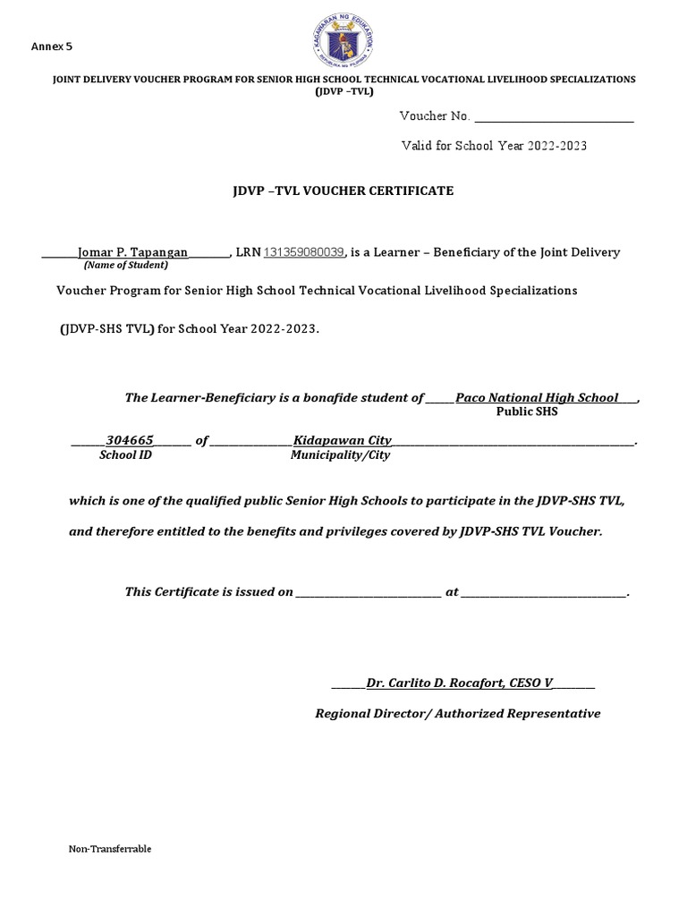 JDVP Voucher Certificate for SHS TVL | PDF | Business