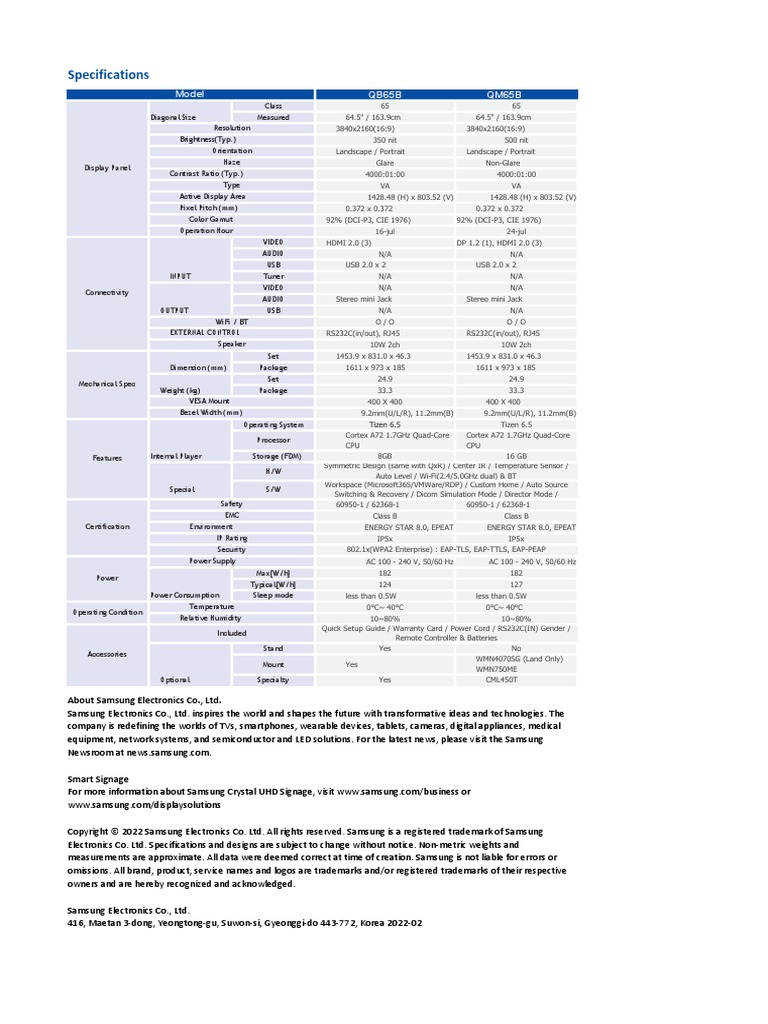 Specifications: QB65B QM65B Model | PDF | Samsung Electronics | Hdmi