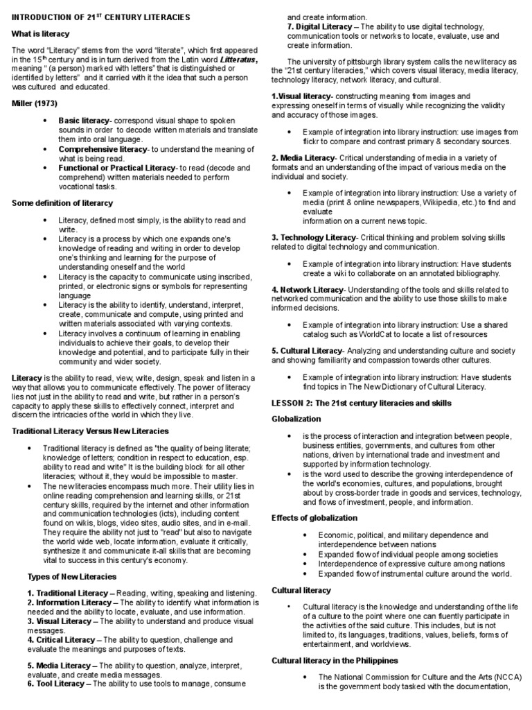 Introduction of 21st Century Literacies Reviewer | PDF | Literacy ...