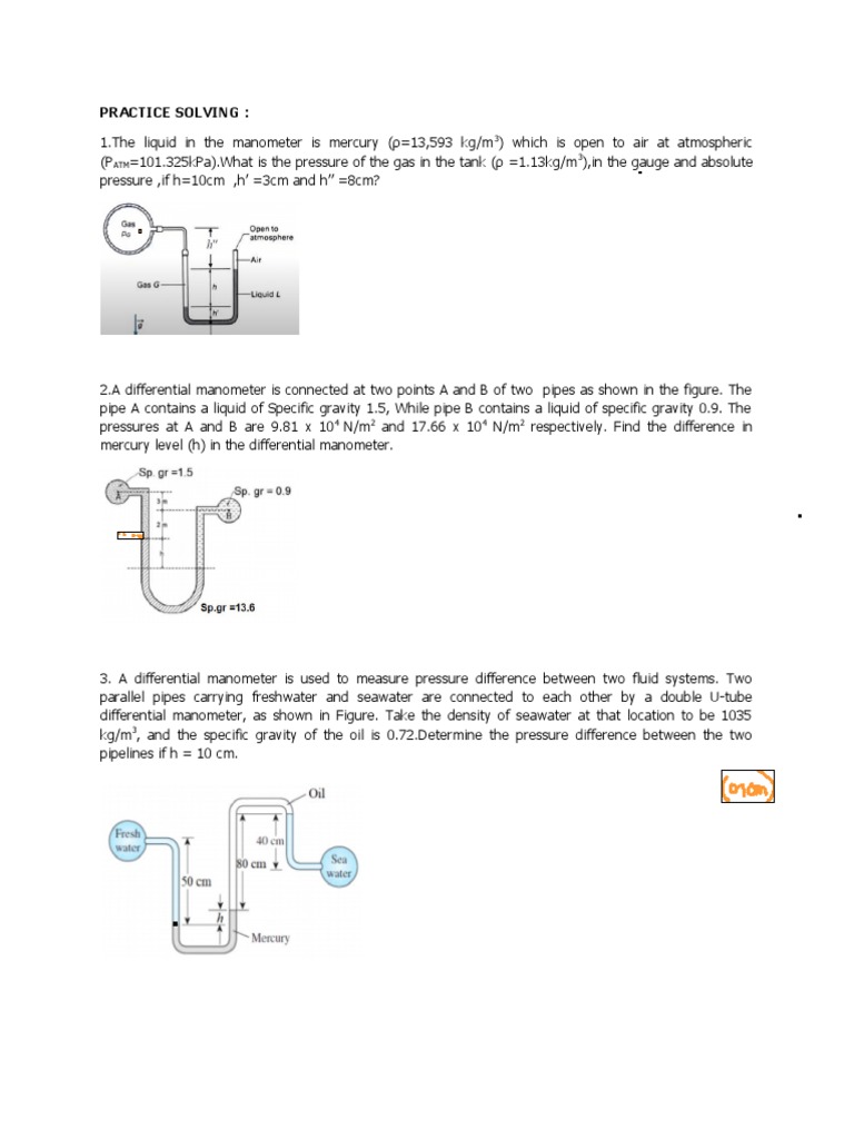 Manometer Pressure Calculation Problems | PDF