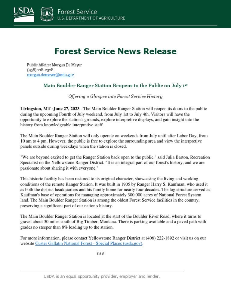 News Release Main Boulder Ranger Station PDF | PDF