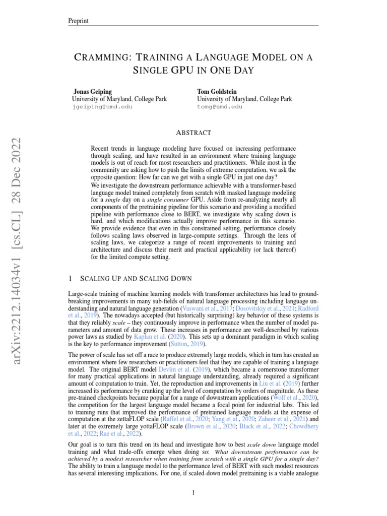 Cramming: Training A Language Model On A Single GPU in One Day (2022) | PDF | Mathematical ...
