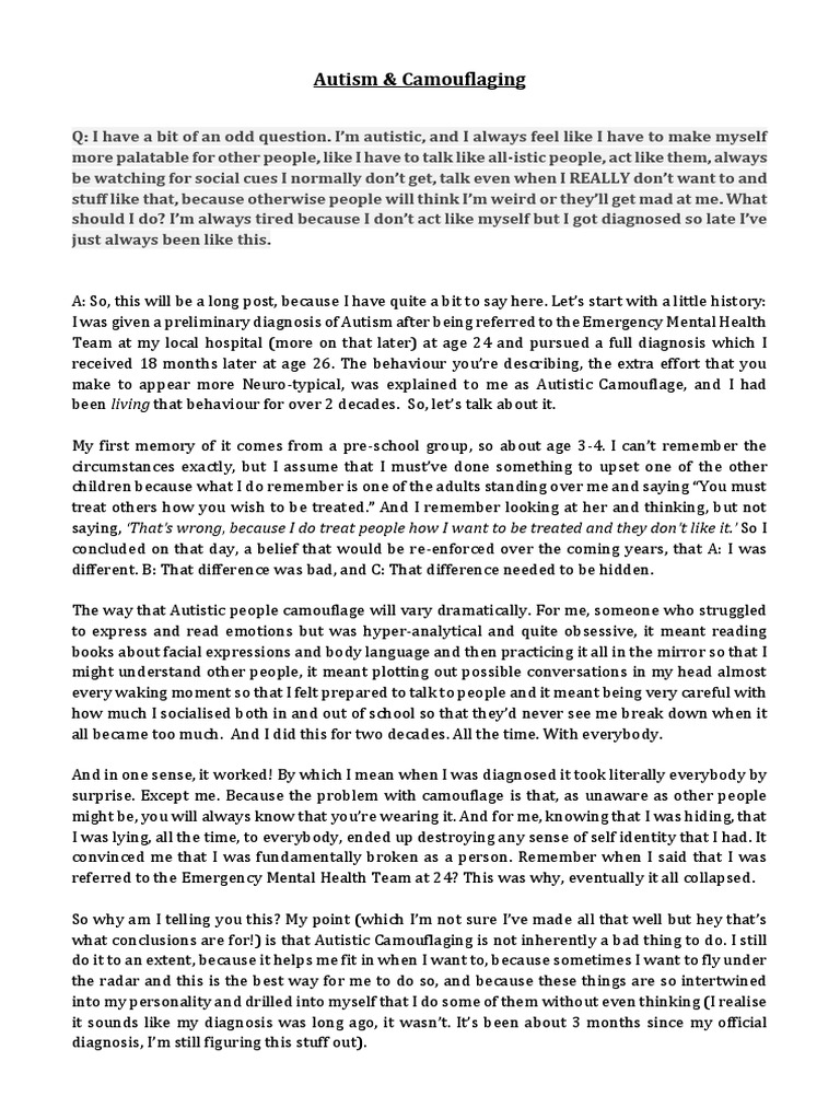 Autism + Camouflaging | Download Free PDF | Autism Spectrum | Psychology