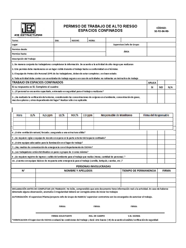 Se-Fo-04-R0 - Permiso de Trabajo en Espacios Confinados | PDF Se-Fo-04-R0 - Permiso de Trabajo en Espacios Confinados | PDF