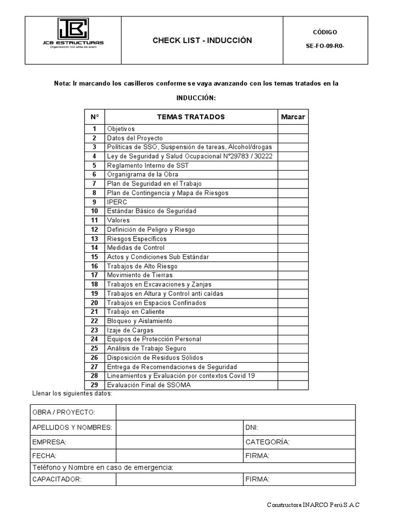 Se Fo 09 r0 Check List Induccion General | PDF