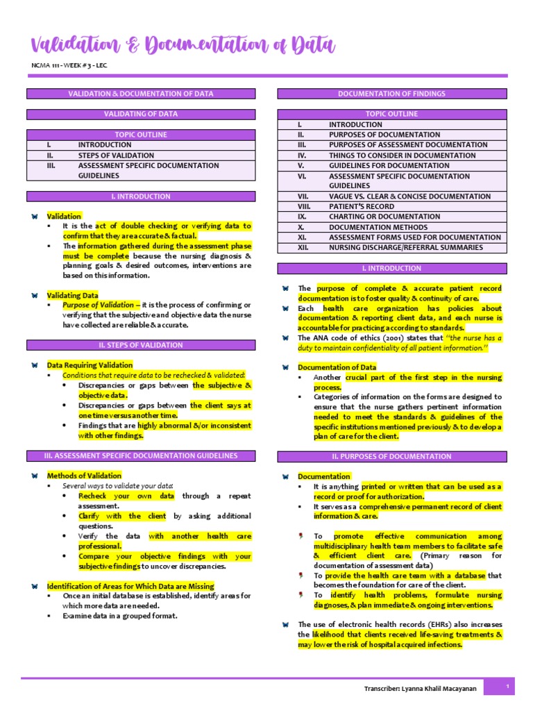 Validation & Documentation of Data | PDF | Nursing | Health Care