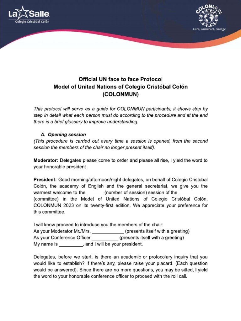 UN Protocol COLONMUN (Face To Face) | PDF