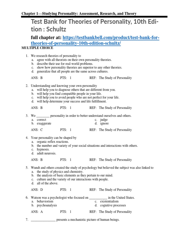 Test Bank For Theories of Personality 10th Edition Schultz | PDF ... Test Bank For Theories of Personality 10th Edition Schultz | PDF ...