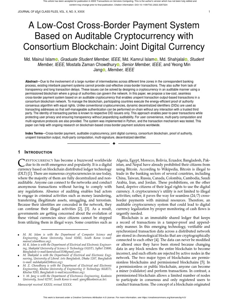 A Low-Cost Cross-Border Payment System Based On Auditable Cryptocurrency With Consortium ...
