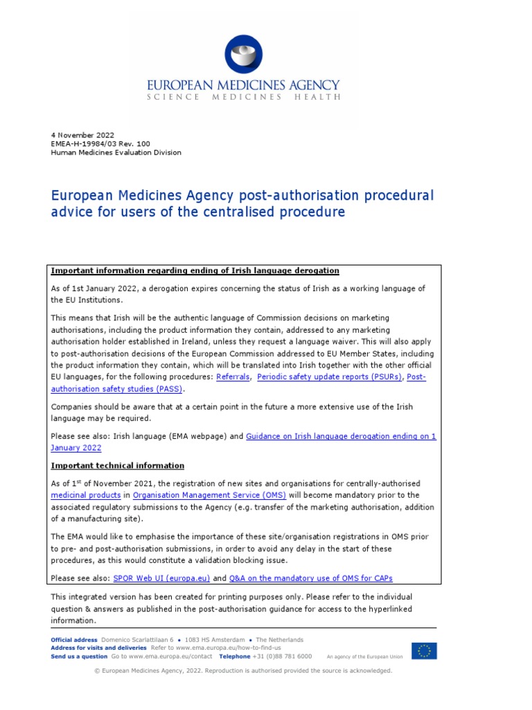 EMA Post-Authorisation Guidance | PDF | Pharmacy | Pharmaceutical Sciences