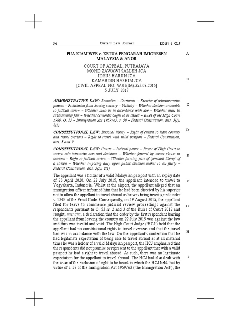 Pua Kiam Wee V Jabatan Pengarah Imigresen Malaysia (2018) 4 CLJ 54 | PDF | Appeal | Freedom Of ...