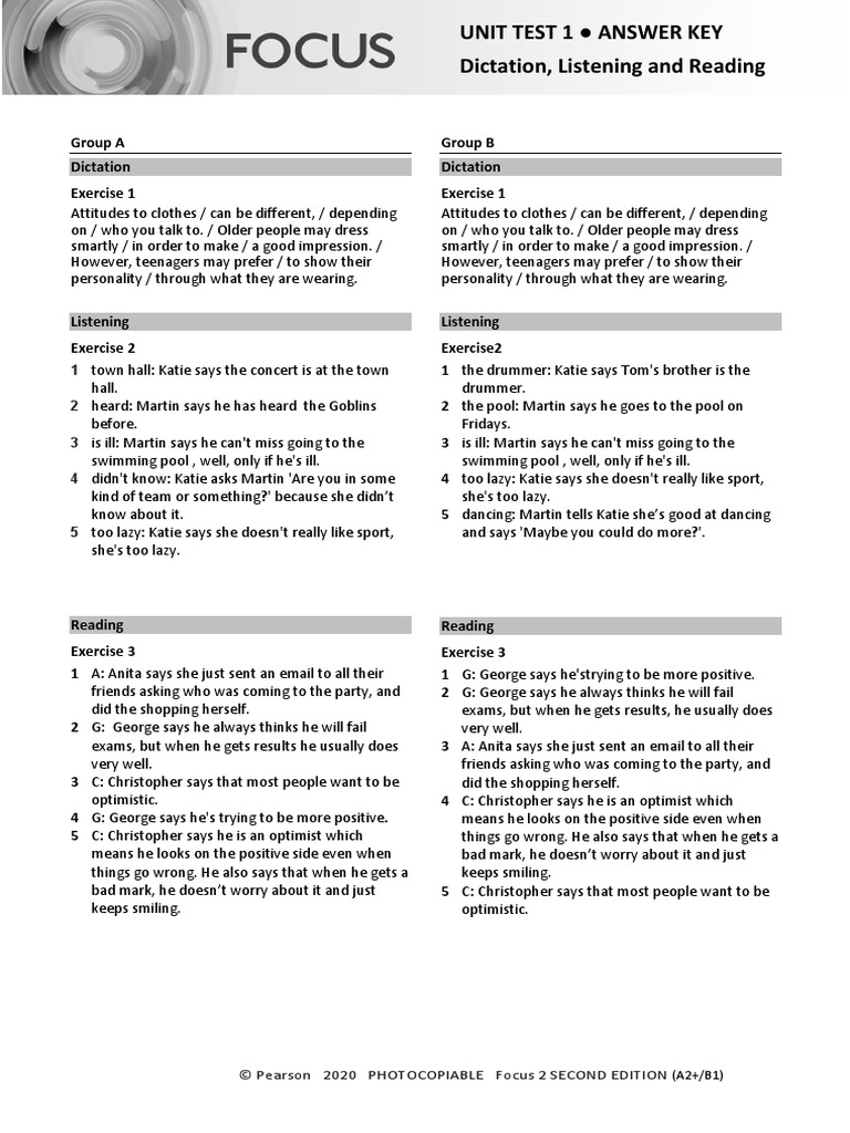 Focus 2 Unit 1 Test Answer Key | PDF | Self-Improvement