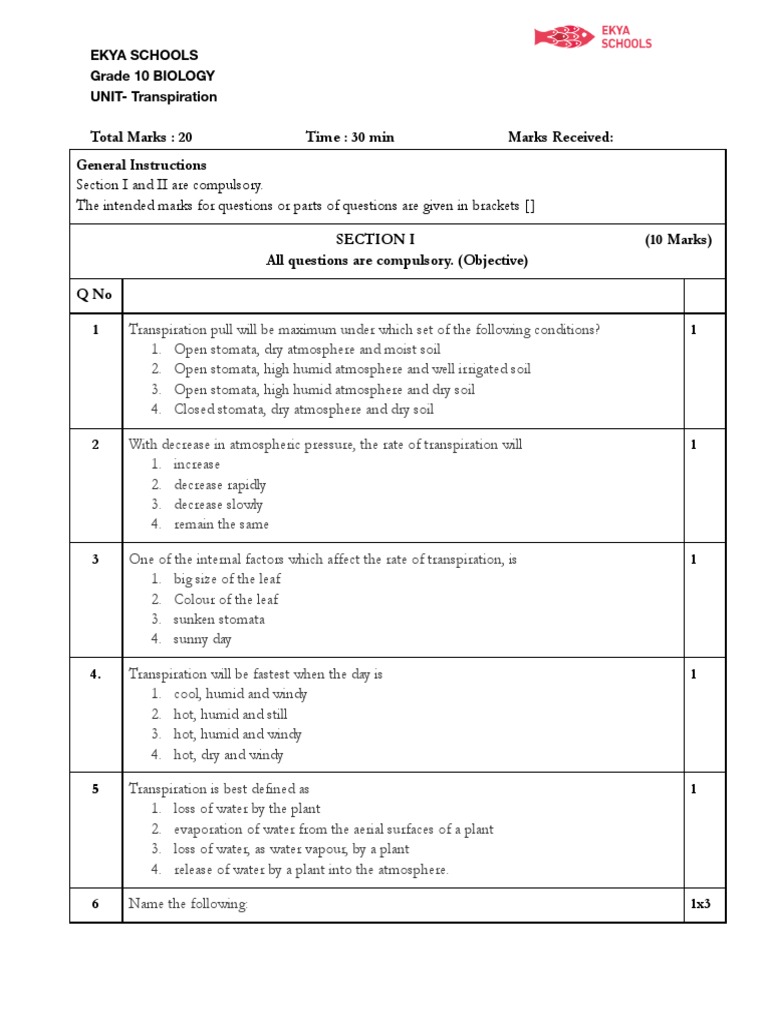 Chapter Test Transpiration Grade 10 ICSE | PDF | Stoma | Humidity