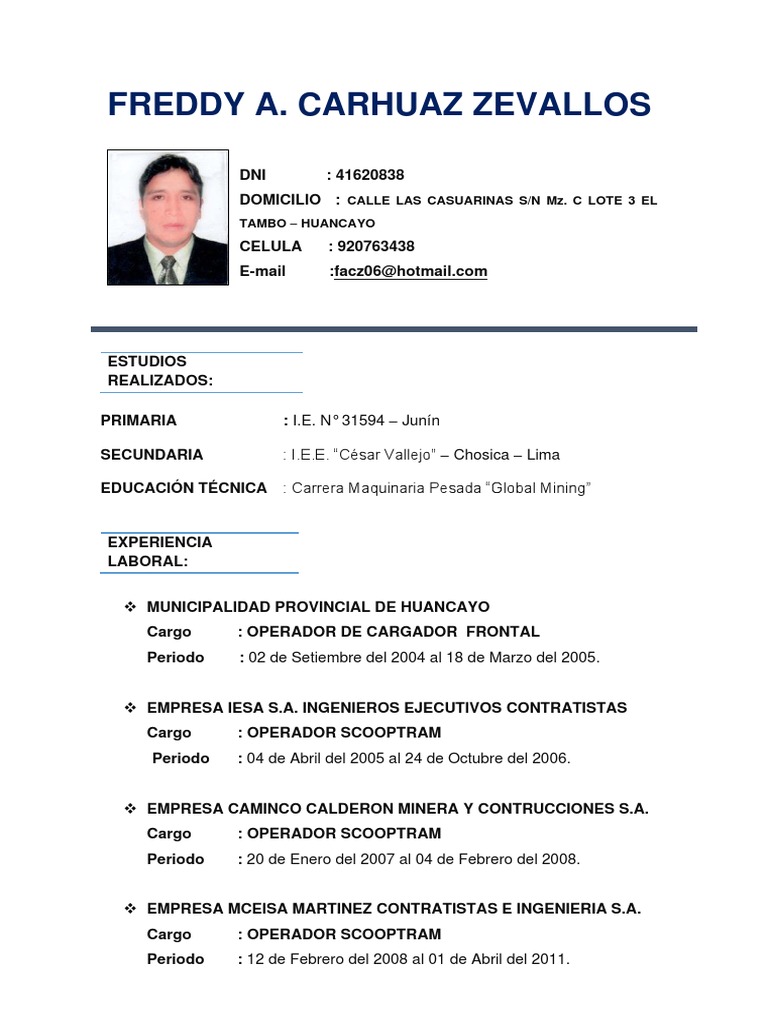 Modelo de CV - FREDDY CARHUAZ ZEVALLOS.20.22. | PDF | Ingeniería