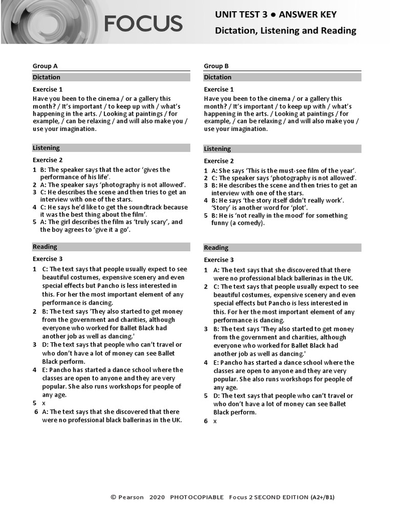 Focus2 2E Unit Test Dictation Listening Reading Unit3 GroupA B ANSWERS ...