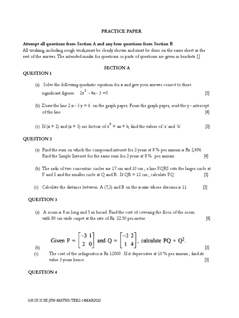 TEE 2 Practice Paper - 9 Icse | PDF | Circle | Area