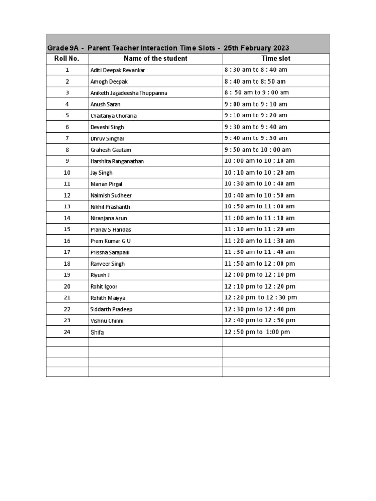 Grade 9A Parent Meeting Schedule | PDF