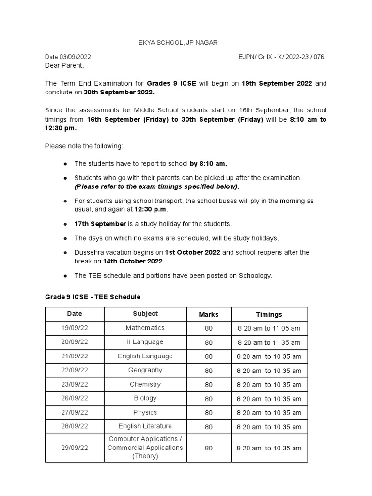 Term End Examination - Term 1 Grade 9 | PDF