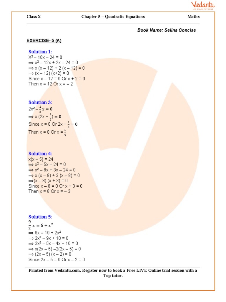 Class 10 - Maths - Quadratic Equations Solutions | PDF | Equations | Square Root