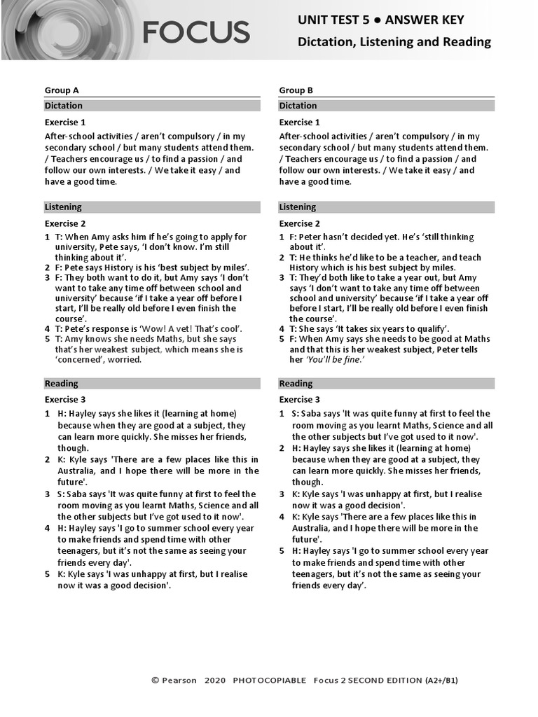 Focus2 2E Unit Test Dictation Listening Reading Unit5 GroupA B ANSWERS ...