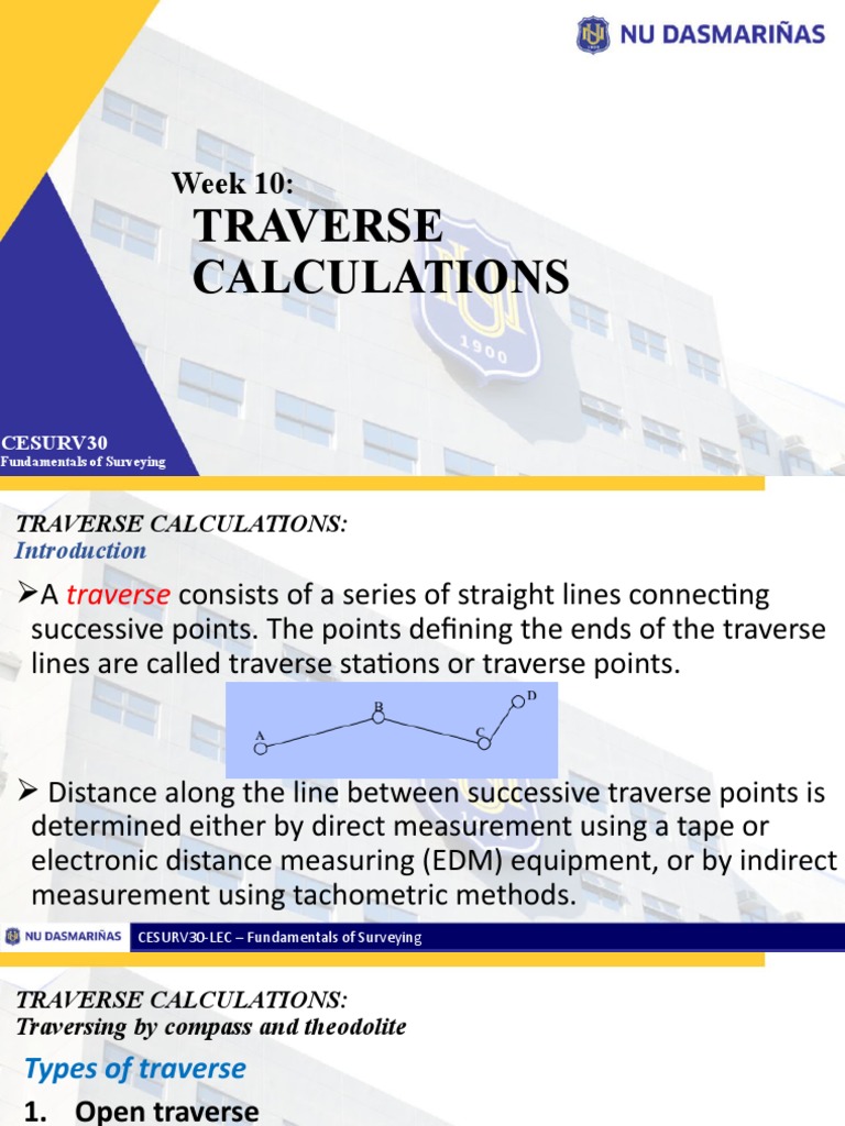 CESURV30 W9 Lec7 - Traverse Calculations - 095126 | PDF | Surveying | Azimuth
