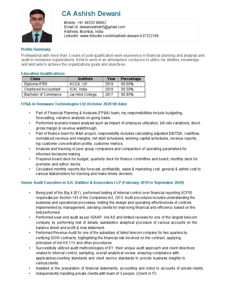 CA Ashish Dewani - Resume-1 | PDF | Audit | Financial Analyst