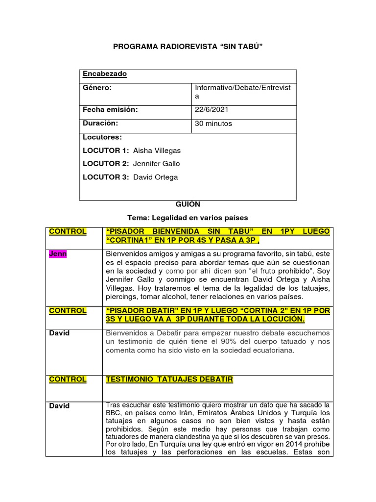 Guion Programa Sin Tabu | PDF | Tatuaje | Bebidas alcohólicas
