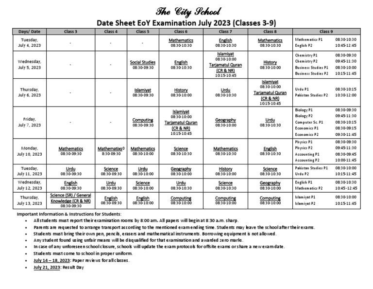 S1-1 EoY 2022-23 (Class 3-9) Date Sheet (FINAL) | PDF | Science