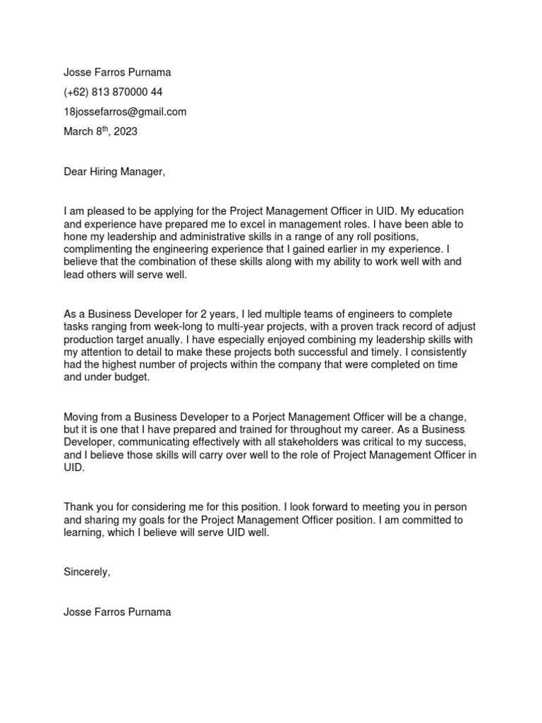 Cover Letter Project Management Officer UID | PDF Cover Letter Project Management Officer UID | PDF