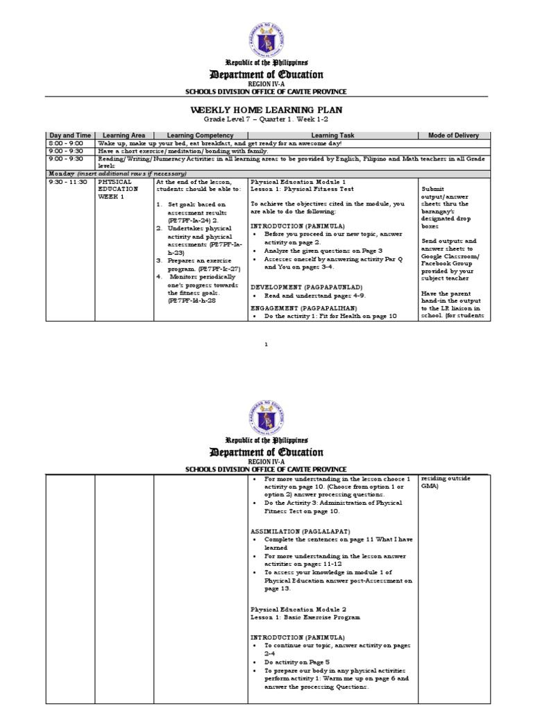 Weekly Home Learning Plan GRADE 7 PE Q1 | PDF | Physical Education ...