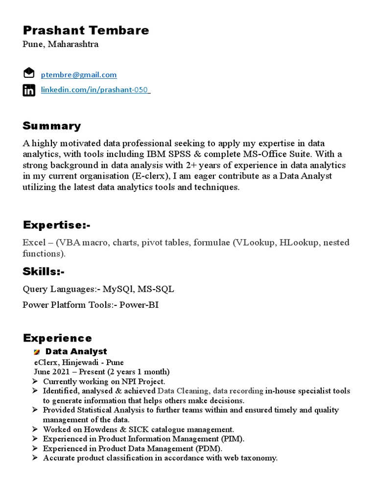 Resume Data Analyst | PDF | Data Analysis | Microsoft Excel