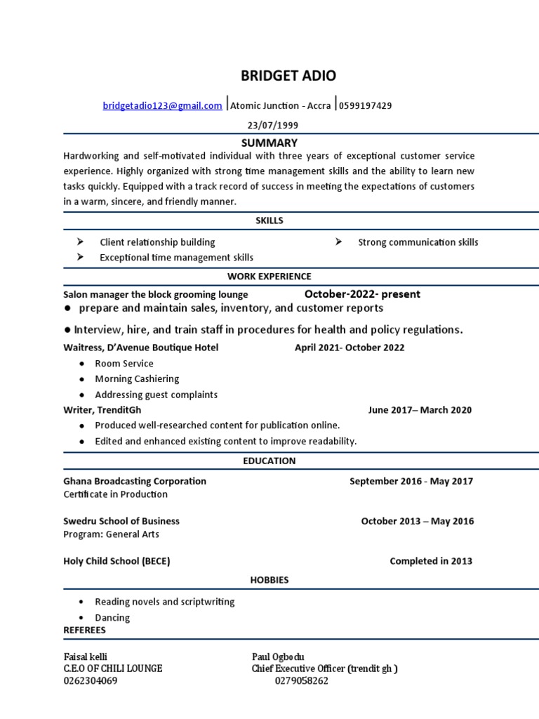 Customer Service Resume of Bridget Adio | PDF | Career & Growth | Business