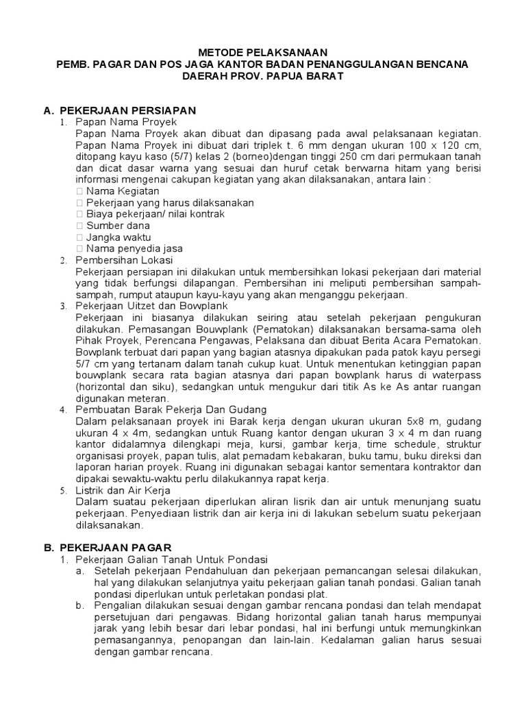 Metode Pelaksanaan PEMB. PAGAR DAN POS JAGA KANTOR BADAN PENANGGULANGAN ...